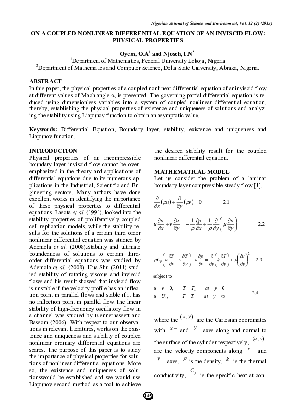(PDF) On a Coupled Nonlinear Differential Equation of an Inviscid Flow: Physical Properties