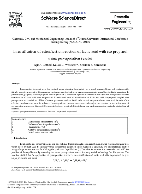 (PDF) Intensification of Esterification Reaction of Lactic Acid with Iso-propanol using ...