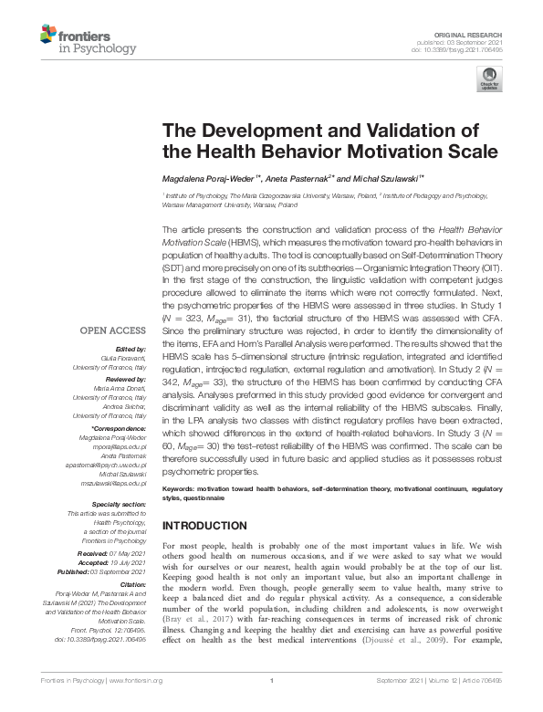 (PDF) The Development and Validation of the Health Behavior Motivation Scale
