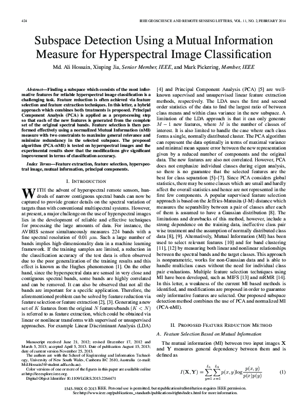 Pdf Subspace Detection Using A Mutual Information Measure For Hyperspectral Image Classification