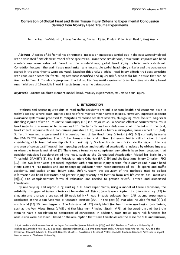 (PDF) Head Injury Criteria and Concussion Correlation
