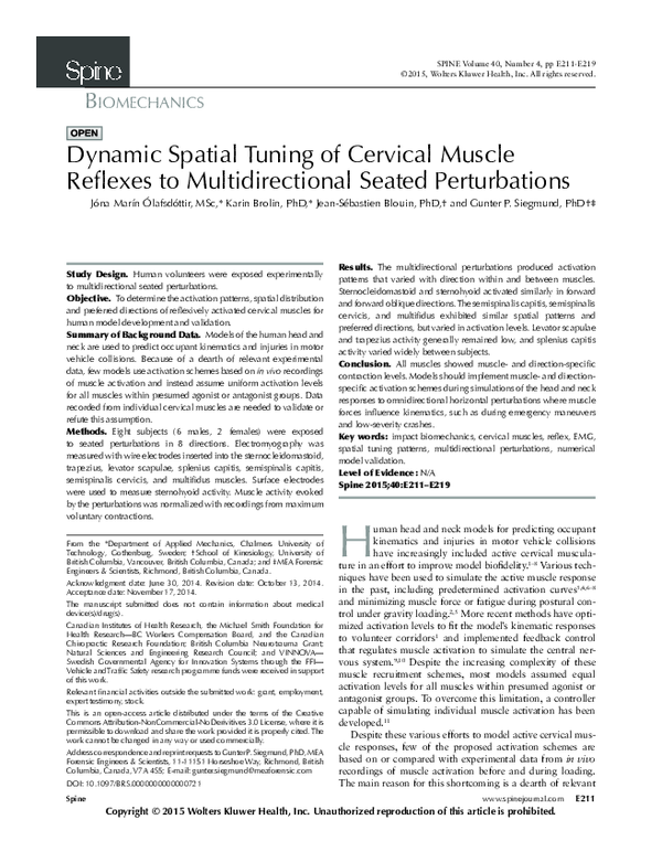 (PDF) Dynamic Spatial Tuning of Cervical Muscle Reflexes to ...