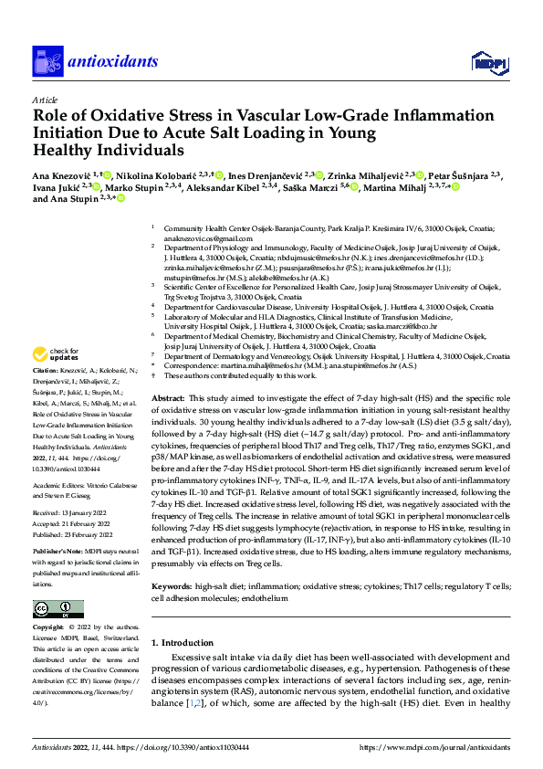 (PDF) Role of Oxidative Stress in Vascular Low-Grade Inflammation Initiation Due to Acute Salt ...