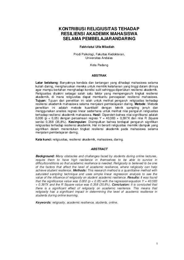 (PDF) Kontribusi Religiusitas Tehadap Resiliensi Akademik Mahasiswa Selama Pembelajaran Daring