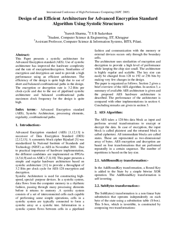 (PDF) Design of an Efficient Architecture for Advanced Encryption Standard Algorithm Using ...