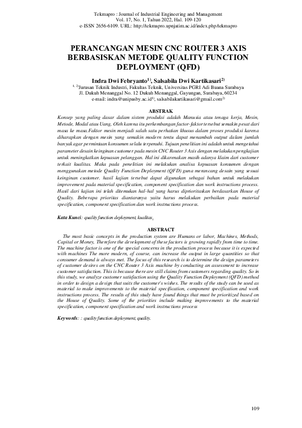 (PDF) Perancangan Mesin CNC Router 3 Axis Berbasiskan Metode Quality Function Deployment (QFD)