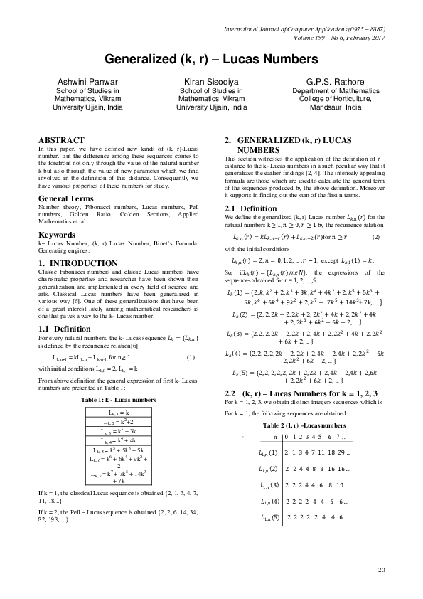 (PDF) Generalized (k, r) – Lucas Numbers