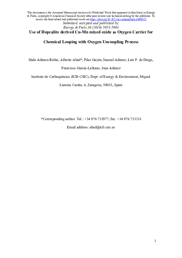(PDF) Use of Hopcalite-Derived Cu–Mn Mixed Oxide as Oxygen Carrier for ...