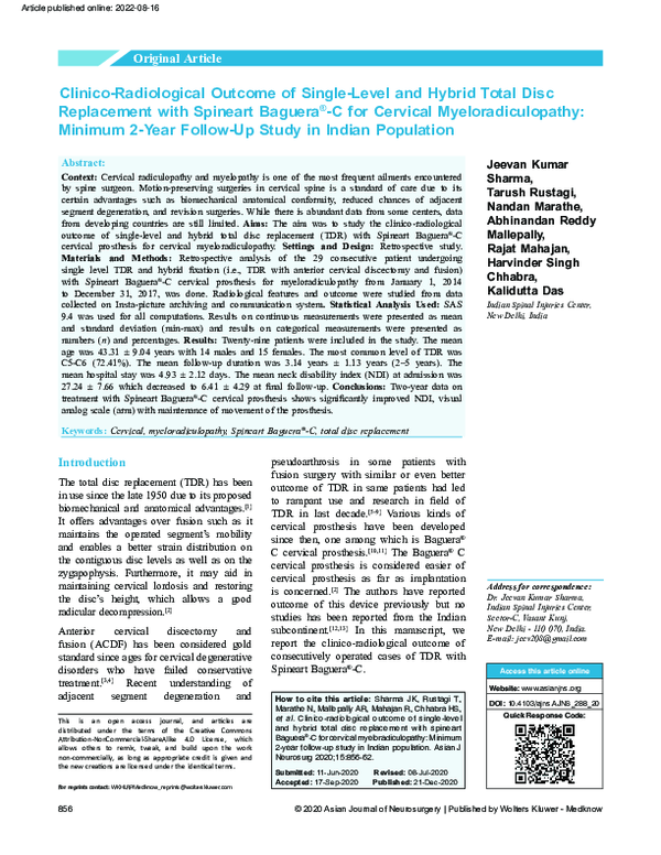 (PDF) Clinico-radiological outcome of single-level and hybrid total ...