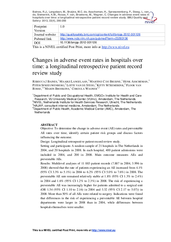 (PDF) Changes in adverse event rates in hospitals over time: a ...