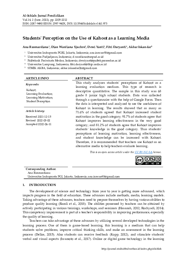 (PDF) Students' Perception on the Use of Kahoot as a Learning Media