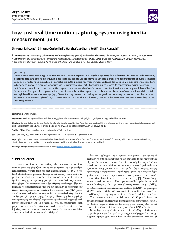 Pdf Low Cost Real Time Motion Capturing System Using Inertial Measurement Units Sina Ronaghi