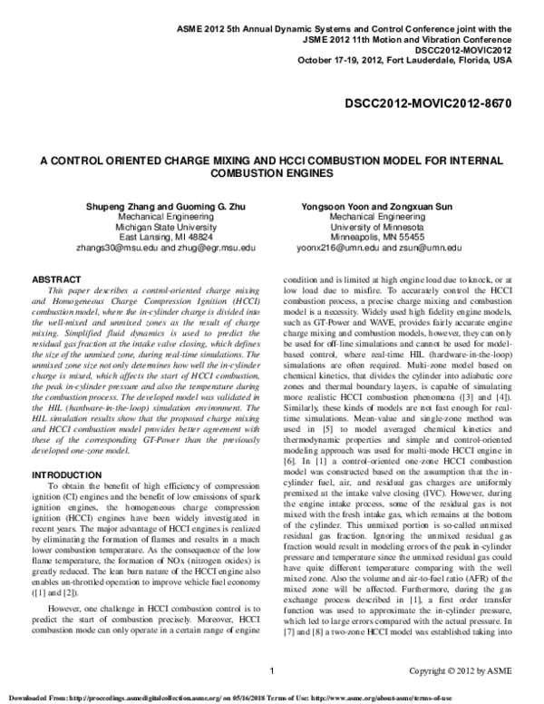 (PDF) A Control Oriented Charge Mixing and HCCI Combustion Model for Internal Combustion Engines