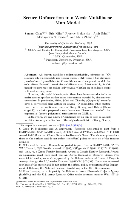 (PDF) Secure Obfuscation in a Weak Multilinear Map Model | Eric Miles ...