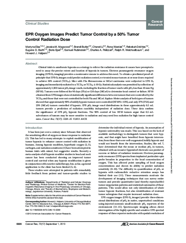 (PDF) EPR Oxygen Images Predict Tumor Control by a 50% Tumor Control Radiation Dose | Rebekah ...