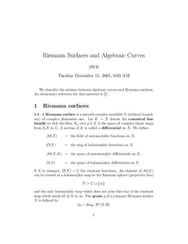(PDF) Riemann Surfaces and Algebraic Curves