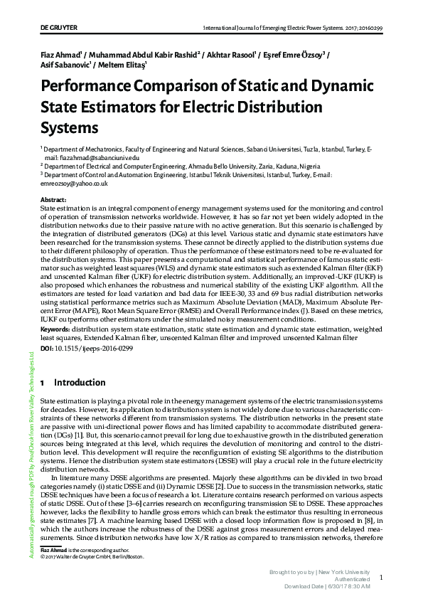 (PDF) Performance Comparison of Static and Dynamic State Estimators for Electric Distribution ...