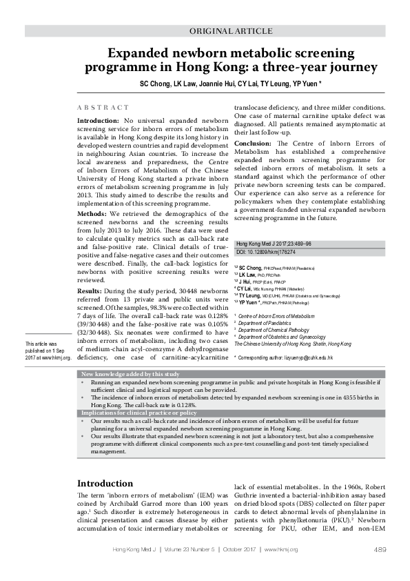 (PDF) Expanded newborn metabolic screening programme in Hong Kong: a ...
