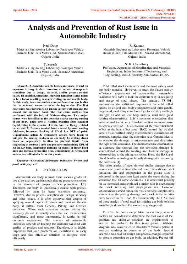 (PDF) Analysis and Prevention of Rust Issue in Automobile Industry