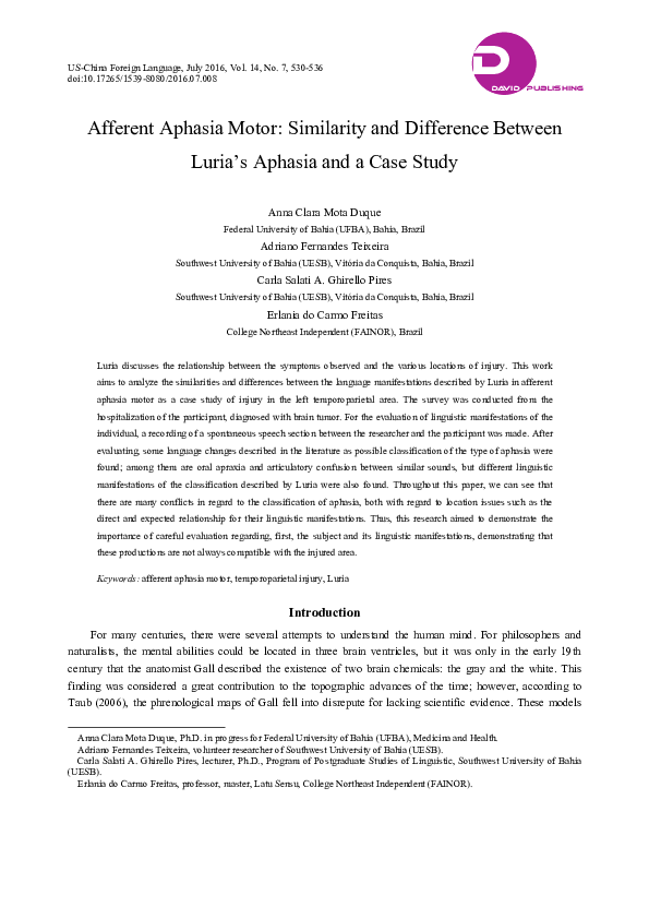 (PDF) Afferent Aphasia Motor: Similarity and Difference Between Luria’s ...