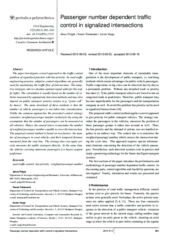 Pdf Passenger Number Dependent Traffic Control In Signalized Intersections