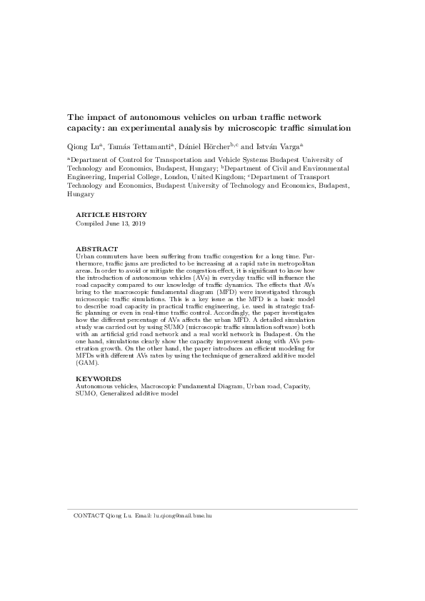 Pdf The Impact Of Autonomous Vehicles On Urban Traffic Network Capacity An Experimental
