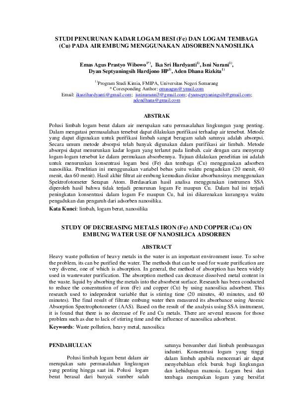 (PDF) Studi Penurunan Kadar Logam Besi (Fe) dan Logam Tembaga (Cu) pada ...