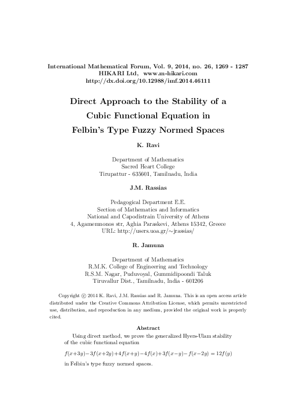 (PDF) Direct approach to the stability of a cubic functional equation in Felbin's type fuzzy ...
