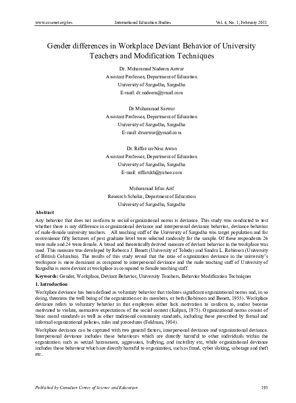 (PDF) Gender differences in Workplace Deviant Behavior of University ...