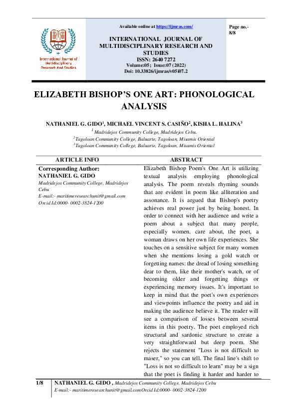 (PDF) Elizabeth Bishop’s One Art: Phonological Analysis