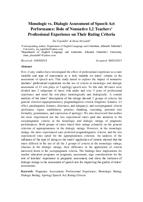 (PDF) Monologic vs. Dialogic Assessment of Speech Act Performance: Role of Nonnative L2 Teachers ...