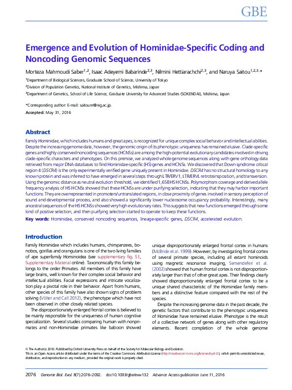 Pdf Emergence And Evolution Of Hominidae Specific Coding And 1187
