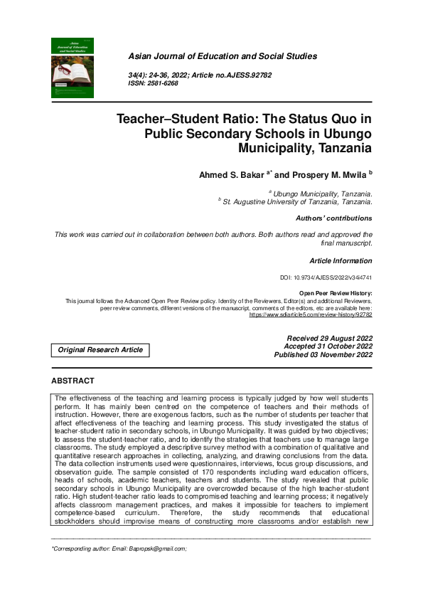 (PDF) Teacher-Student Ratio: The Status Quo in Public Secondary Schools ...