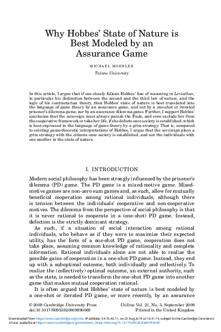 (PDF) Why Hobbes' State of Nature is Best Modeled by an Assurance Game