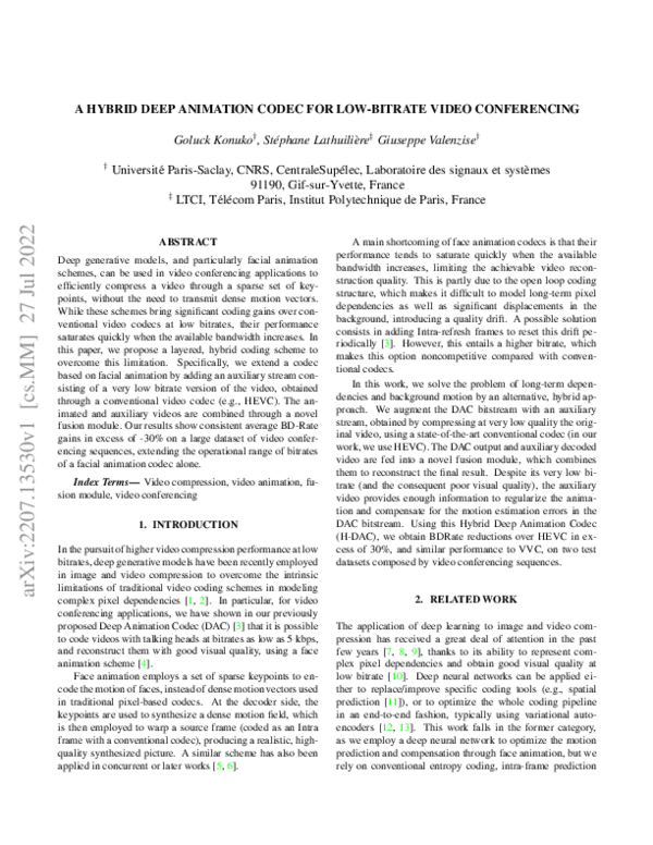 (PDF) A Hybrid Deep Animation Codec for Low-bitrate Video Conferencing