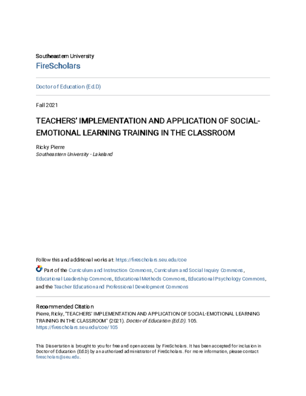 (PDF) TEACHERS\u27 IMPLEMENTATION AND APPLICATION OF SOCIAL-EMOTIONAL LEARNING TRAINING IN THE ...