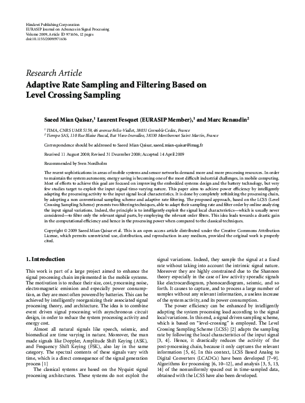 (PDF) Adaptive Rate Sampling and Filtering Based on Level Crossing Sampling | Saeed Qaisar ...