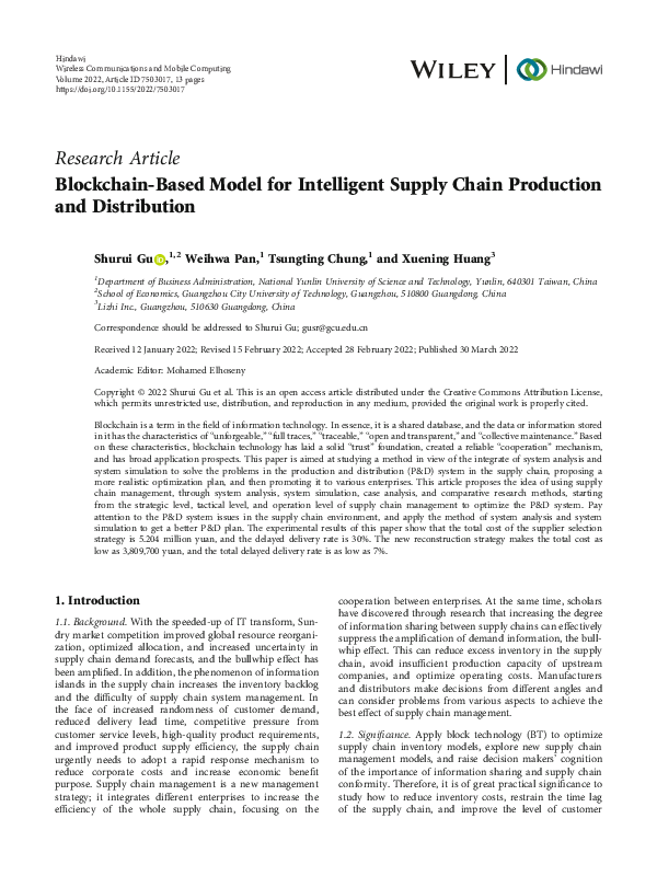 (PDF) Blockchain-Based Model for Intelligent Supply Chain Production and Distribution