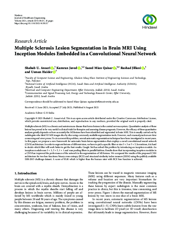 Pdf Multiple Sclerosis Lesion Segmentation In Brain Mri Using Inception Modules Embedded In A