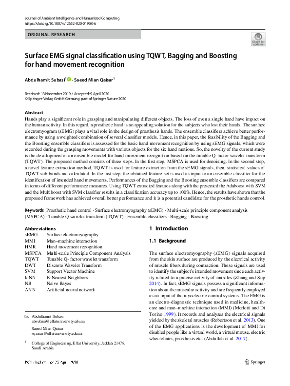 Pdf Surface Emg Signal Classification Using Tqwt Bagging And Boosting For Hand Movement