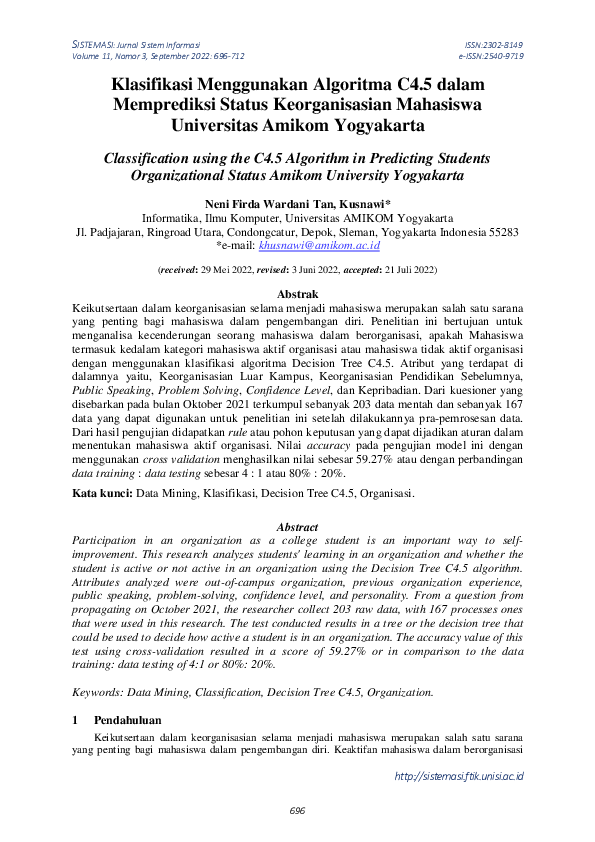 (PDF) Classification using the C4.5 Algorithm in Predicting Students Organizational Status ...