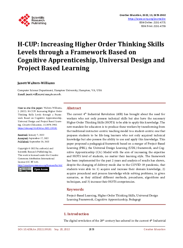 (PDF) H-CUP: Increasing Higher Order Thinking Skills Levels through a Framework Based on ...