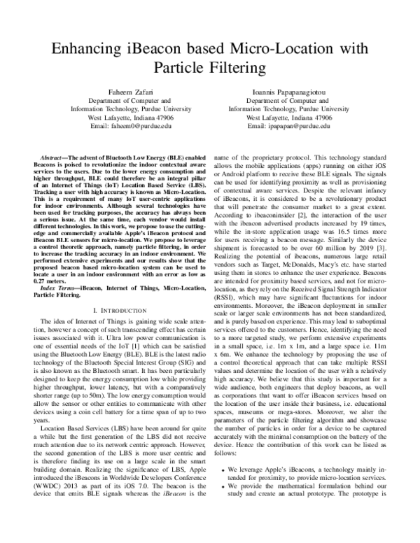 Pdf Enhancing Ibeacon Based Micro Location With Particle Filtering