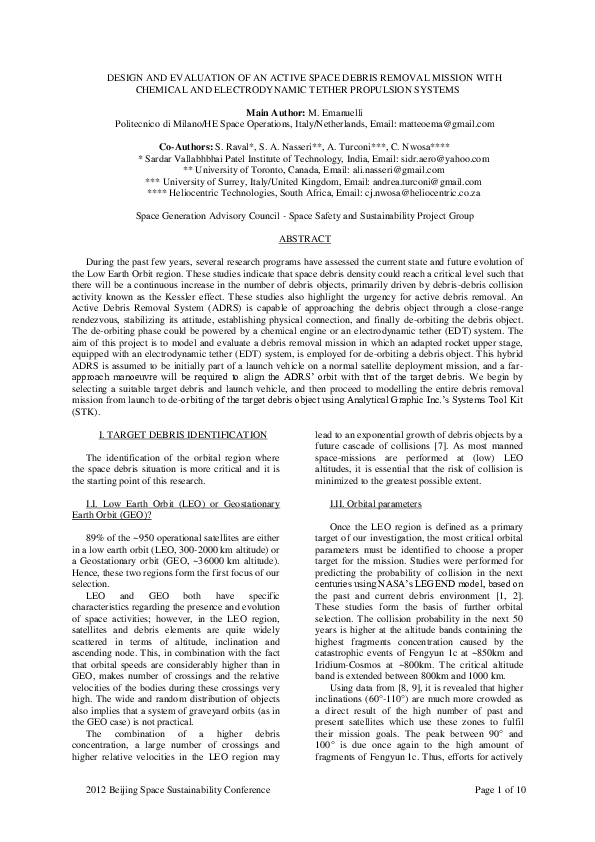 (PDF) Design and evaluation of an active Space debris removal mission with chemical and ...