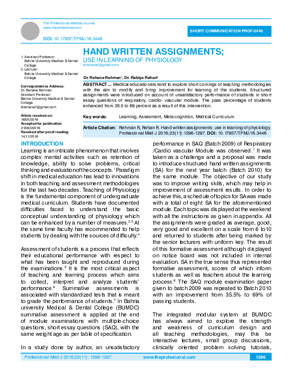 (PDF) Hand Written Assignments; Use in Learning of Physiology