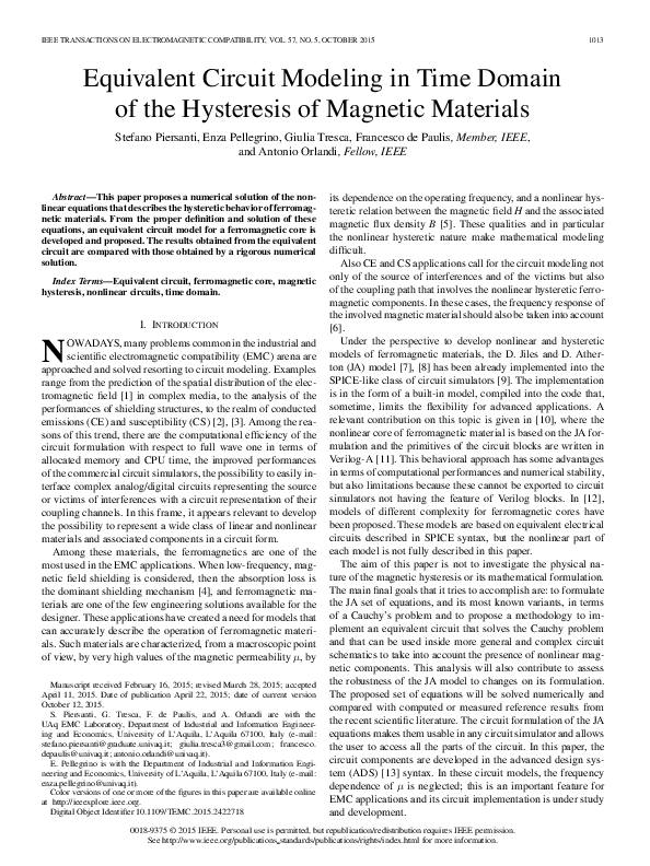 Pdf Equivalent Circuit Modeling In Time Domain Of The Hysteresis Of
