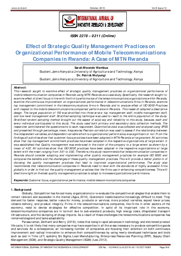 (PDF) Effect of Strategic Quality Management Practices on Organizational Performance of Mobile ...