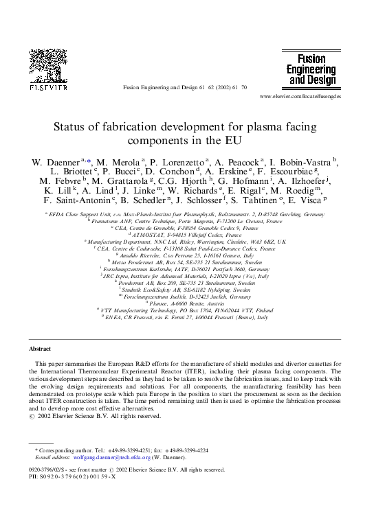 (PDF) Status of fabrication development for plasma facing components in the EU