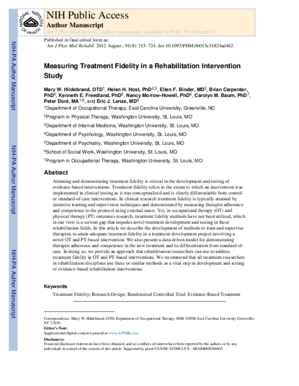(PDF) Measuring Treatment Fidelity in a Rehabilitation Intervention Study