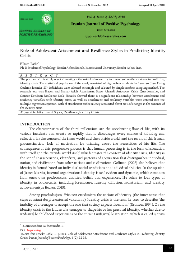 Pdf Role Of Adolescent Attachment And Resilience Styles In Predicting
